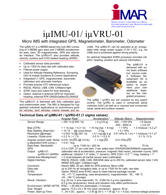 iµIMU-01/ iµVRU-01---惯性测量单元IMU-- - 北方科源（北京）科技发展有限公司